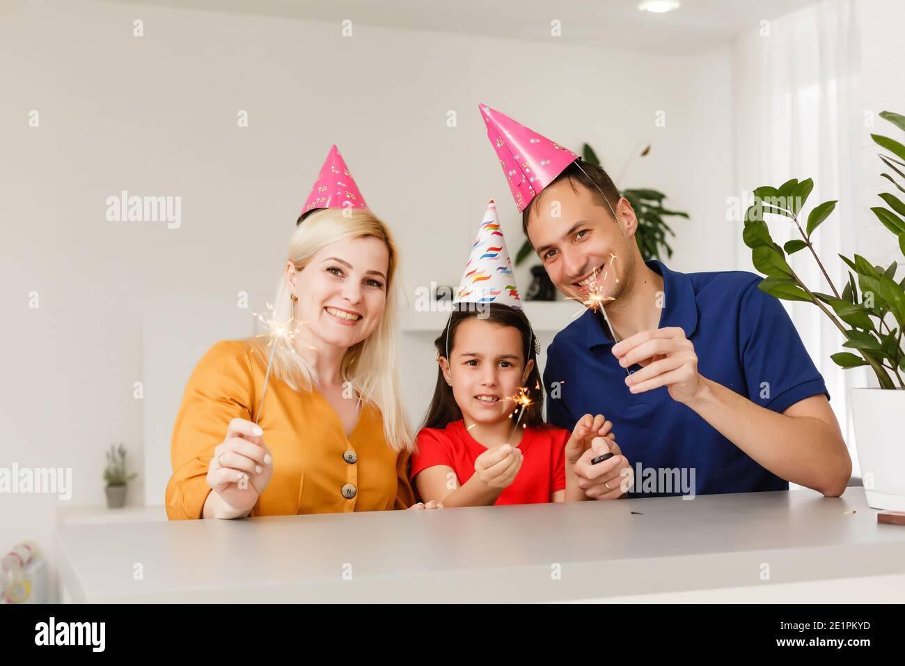 Happy family celebrating birthday via internet in quarantine time, self ...