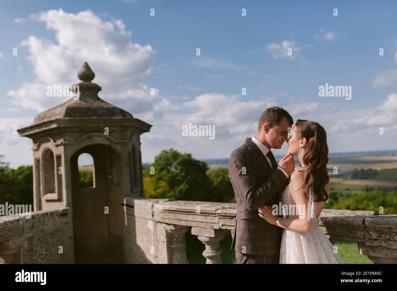 The bride and groom kissing on the terrace of the palace against the ...