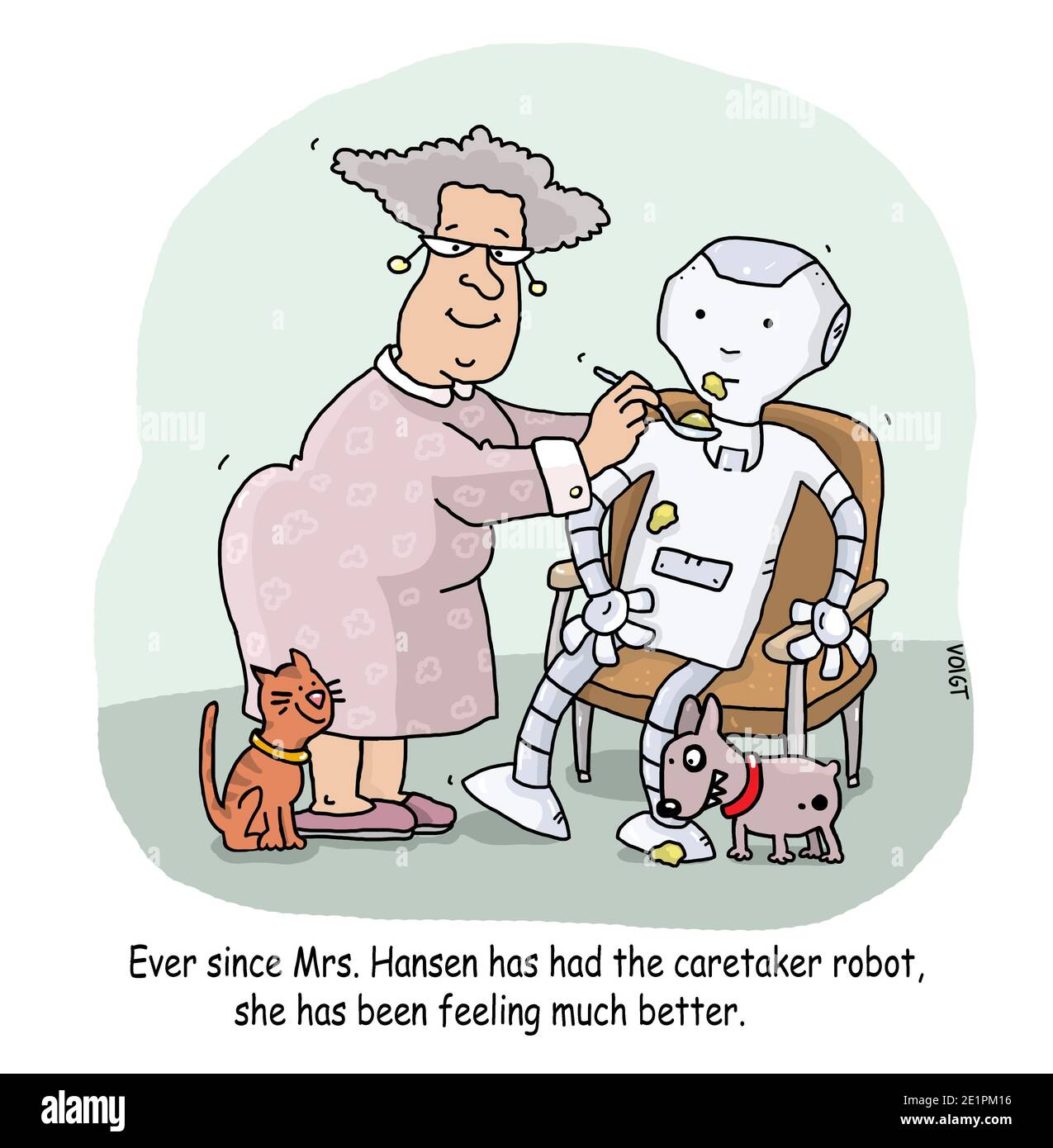 An old lady is feeding her care robot Stock Photo - Alamy