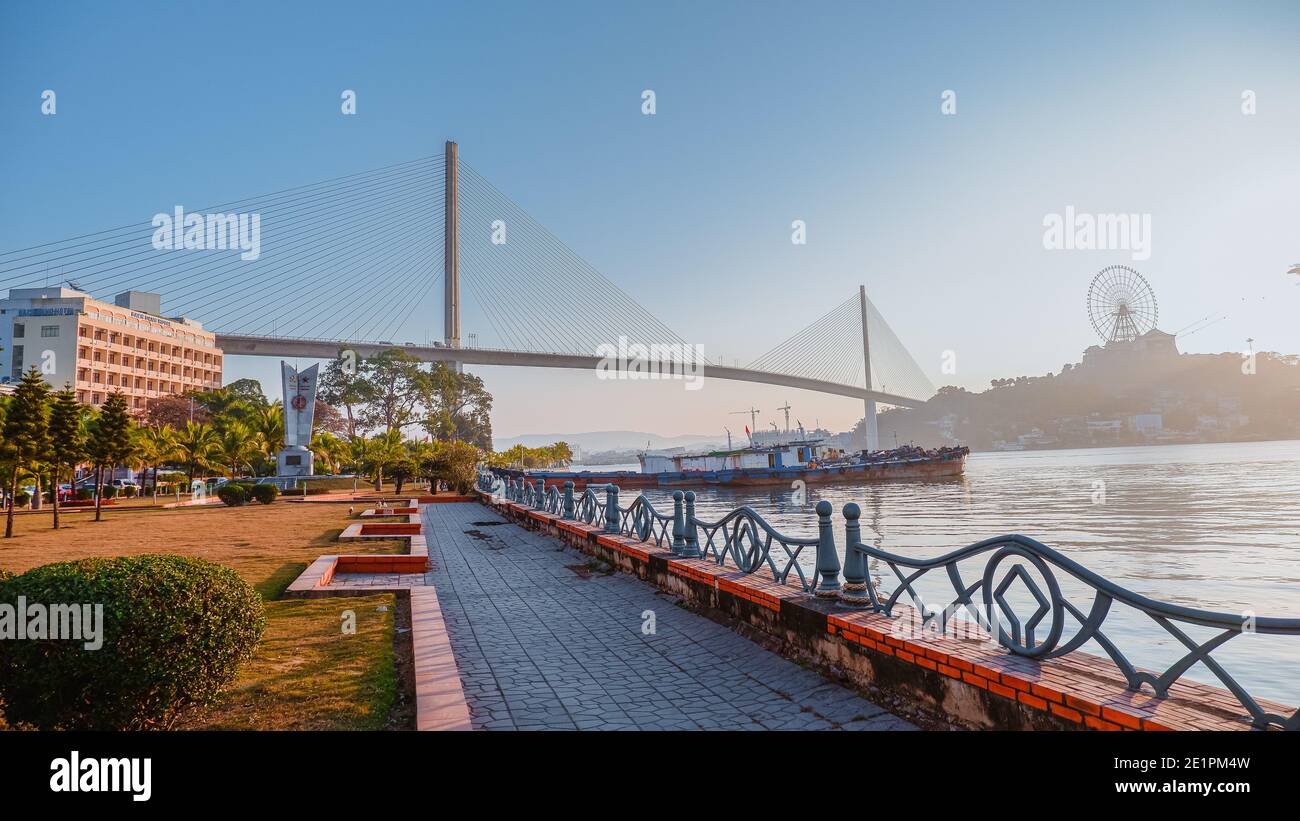 Aerial view of Bai Chay bridge. Near Halong Bay, UNESCO World Heritage ...
