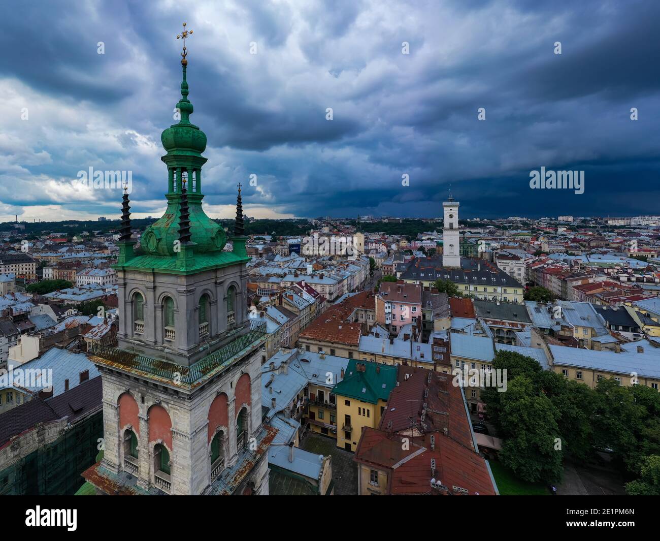 Lviv, Ukraine - 2020: Aerial view on Dormition Church in Lviv, Ukraine ...