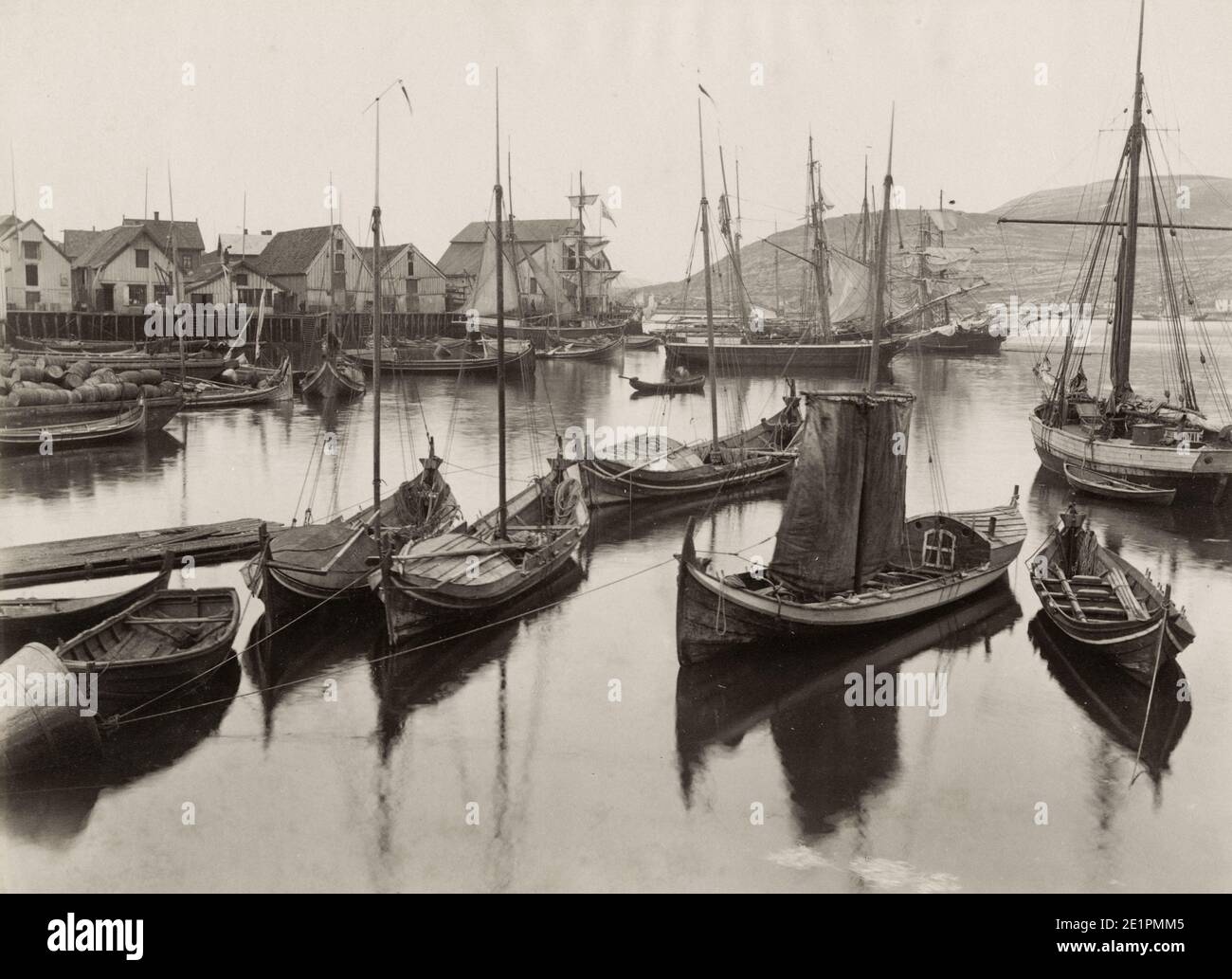 Vintage 19th century photograph: fishing boats in the harbour at ...