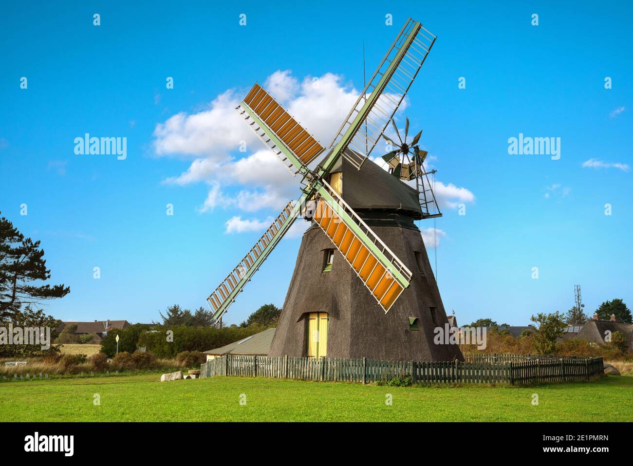 Panoramic image of the windmill of Nebel against blue sky, Amrum ...