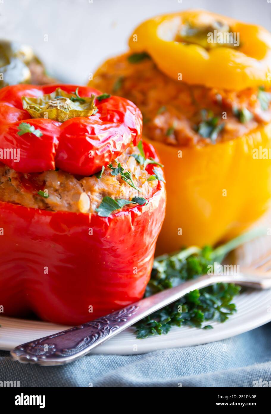 Bell peppers with meat and parsley, meat stuffed vegetables Stock Photo ...
