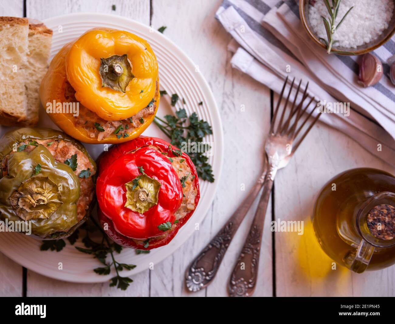 Bell peppers with meat and parsley, meat stuffed vegetables Stock Photo ...