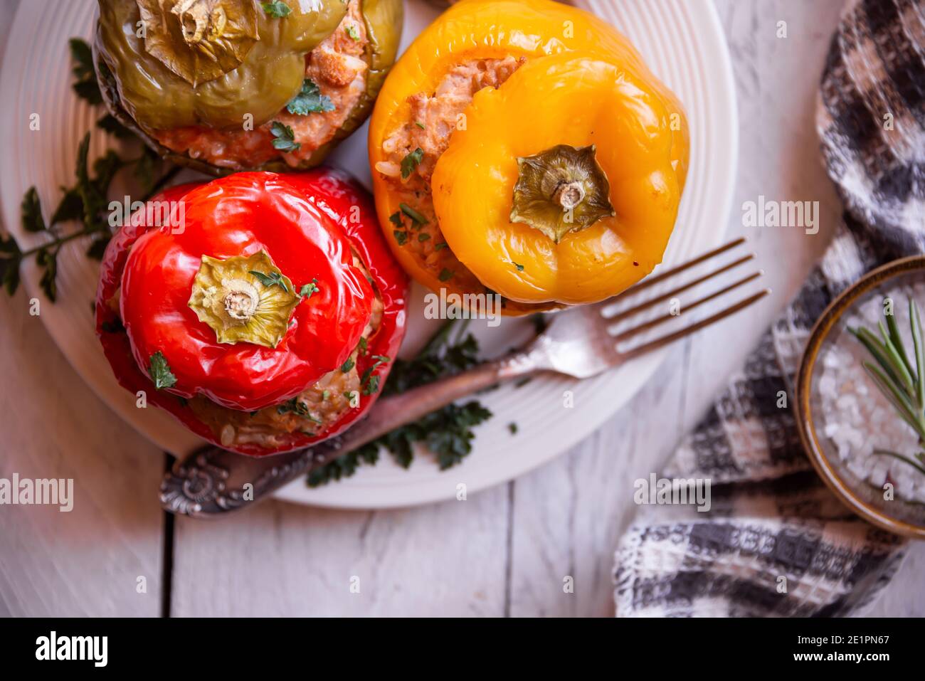 Bell peppers with meat and parsley, meat stuffed vegetables Stock Photo ...