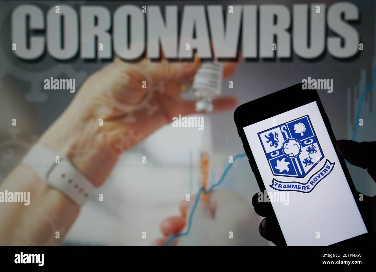 The Tranmere Rovers Football Club logo seen displayed on a mobile phone ...