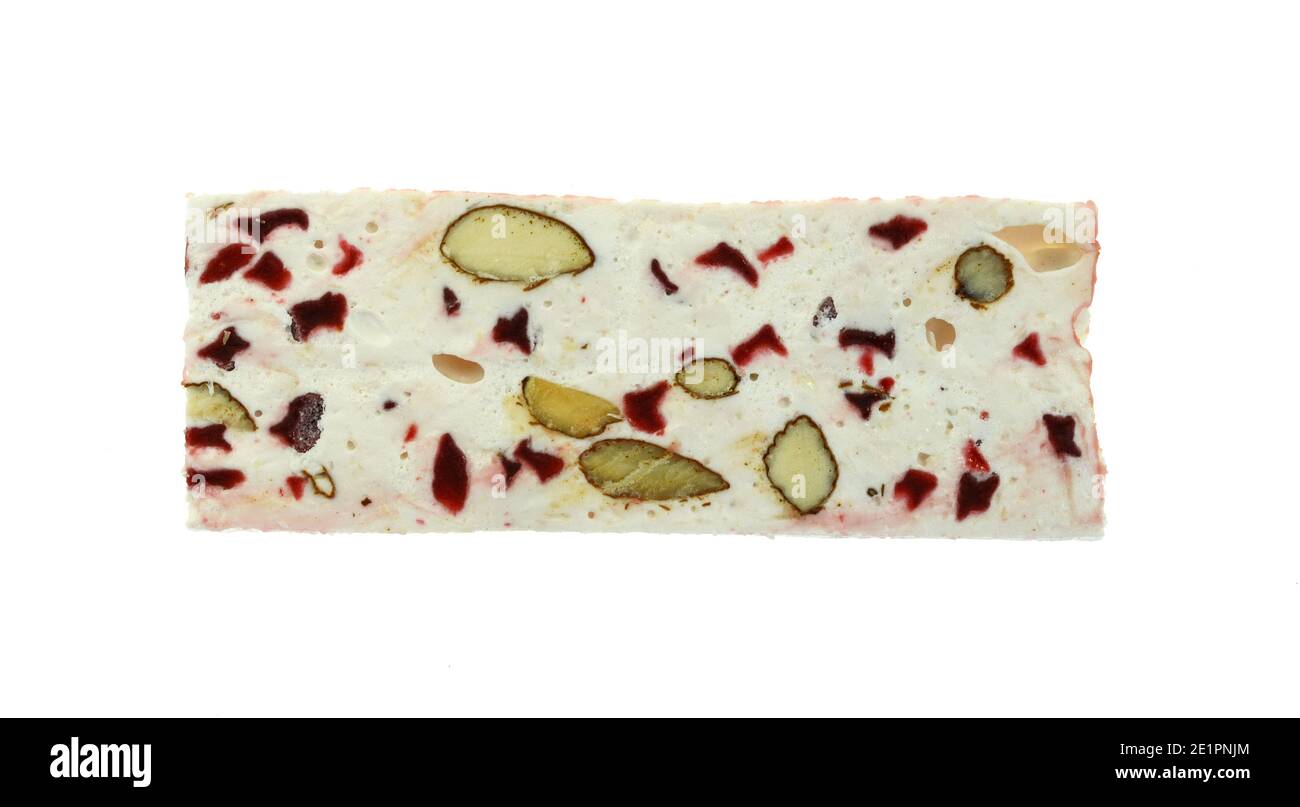 French soft nougat with strawberry flawour and almonds isolated on ...