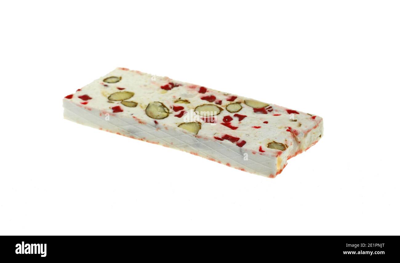 French soft nougat with strawberry flawour and almonds isolated on ...