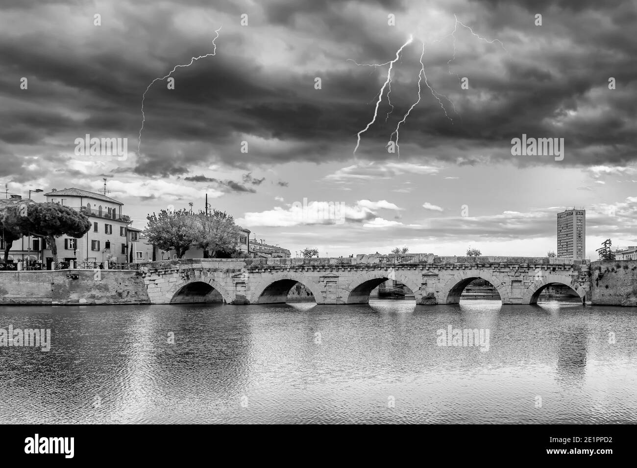 Black and white view of the ancient Bridge of Augustus and Tiberius in ...