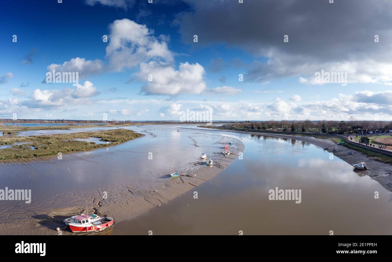 aerial panoramic view of the river chelmer looking over maldon mudflats ...