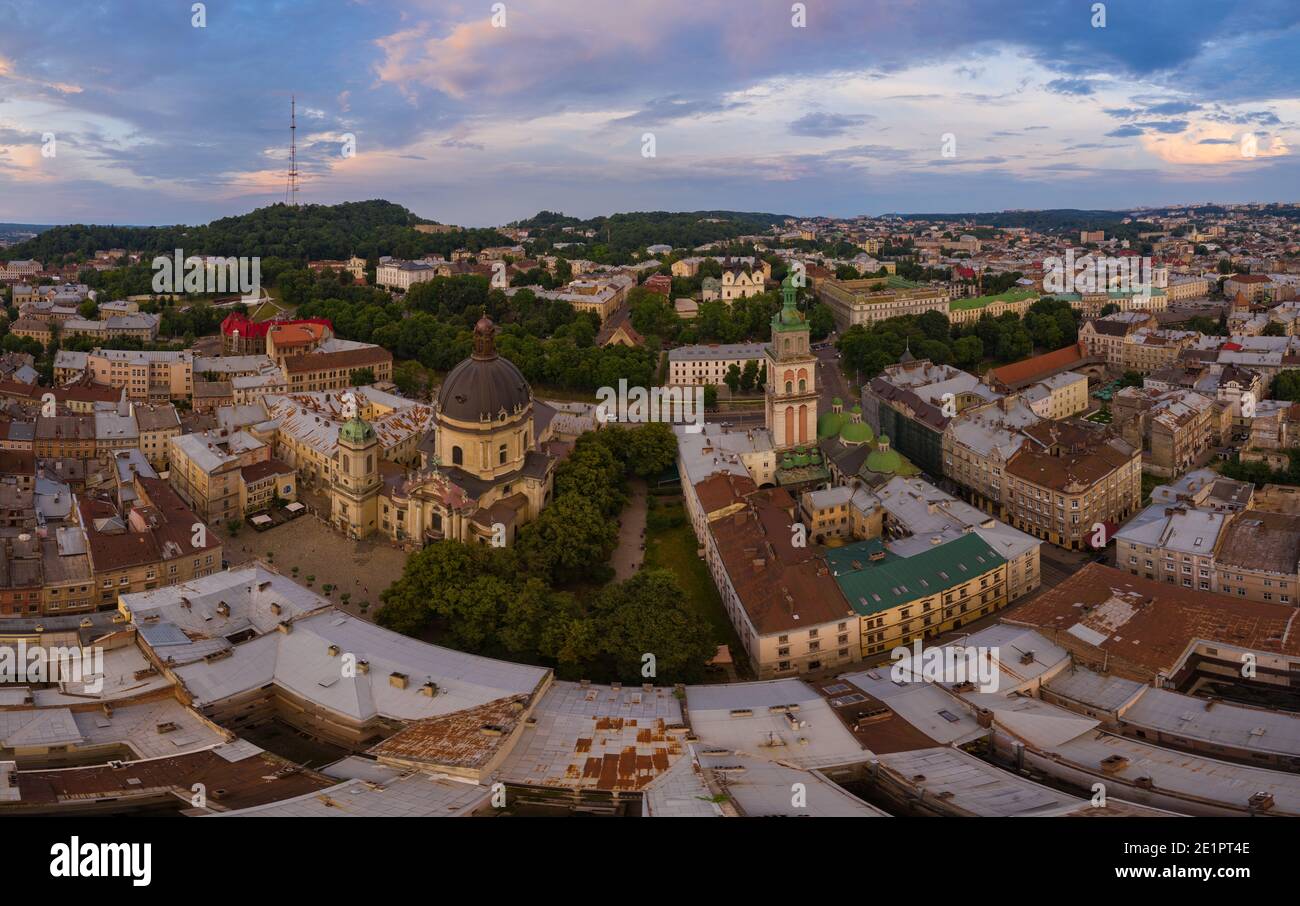 Lviv, Ukraine - 2020: Aerial view on Dominican Church and Dormition ...
