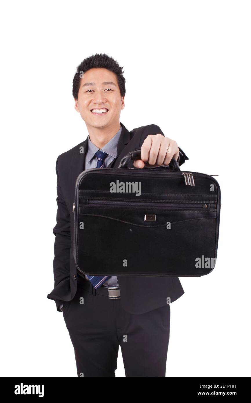 Business man holding portfolio posing in studio high quality photo ...
