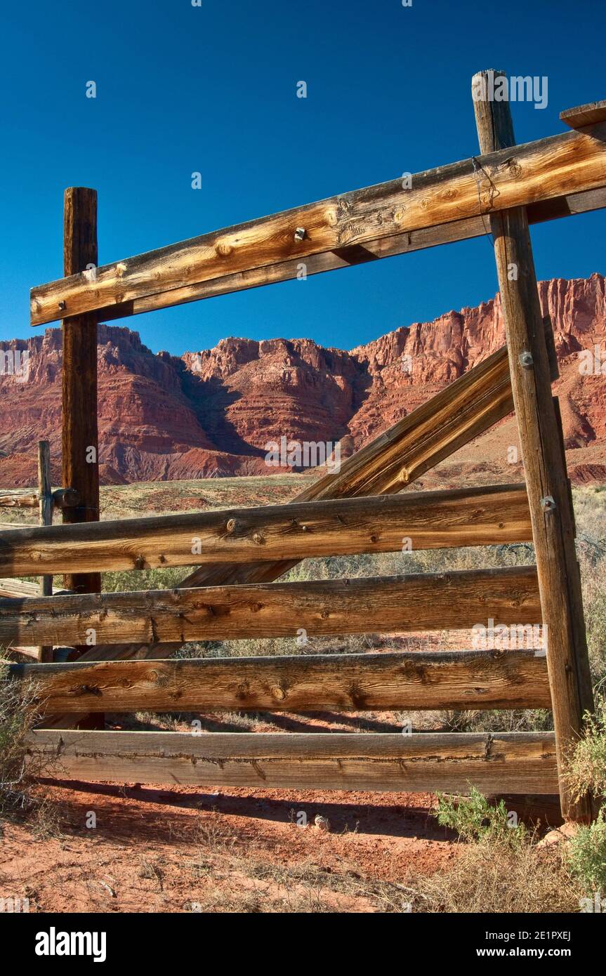 Old fence at corral at abandoned ranch near Jacobs Pool water well ...
