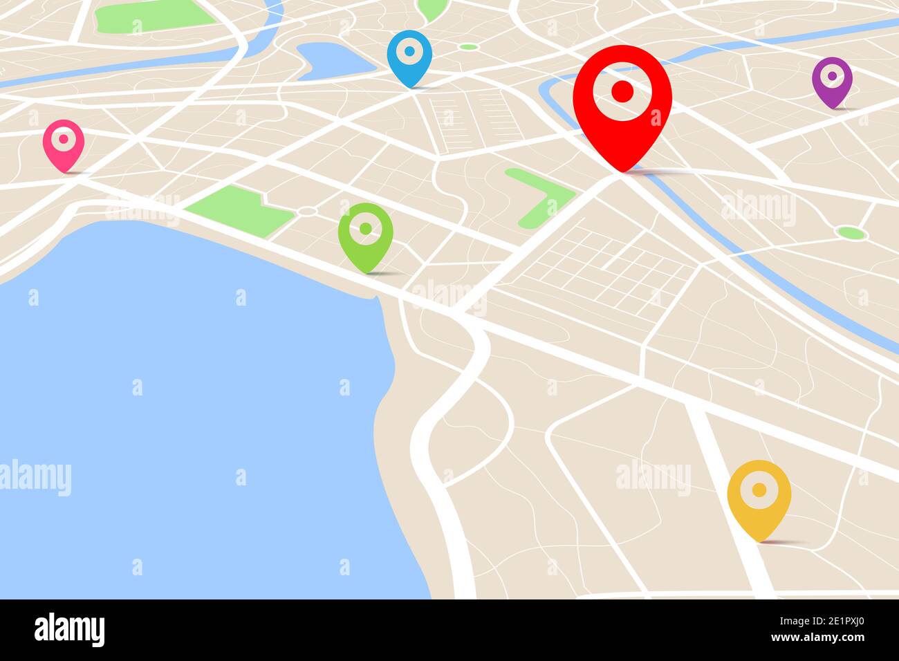 3D top view of a map with destination location point, Aerial clean top ...