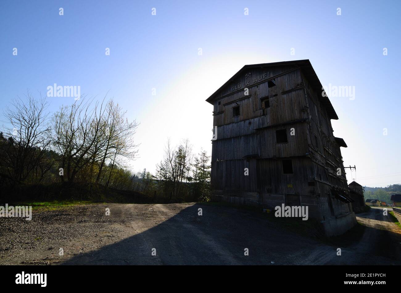 old wooden building of a mine Stock Photo - Alamy