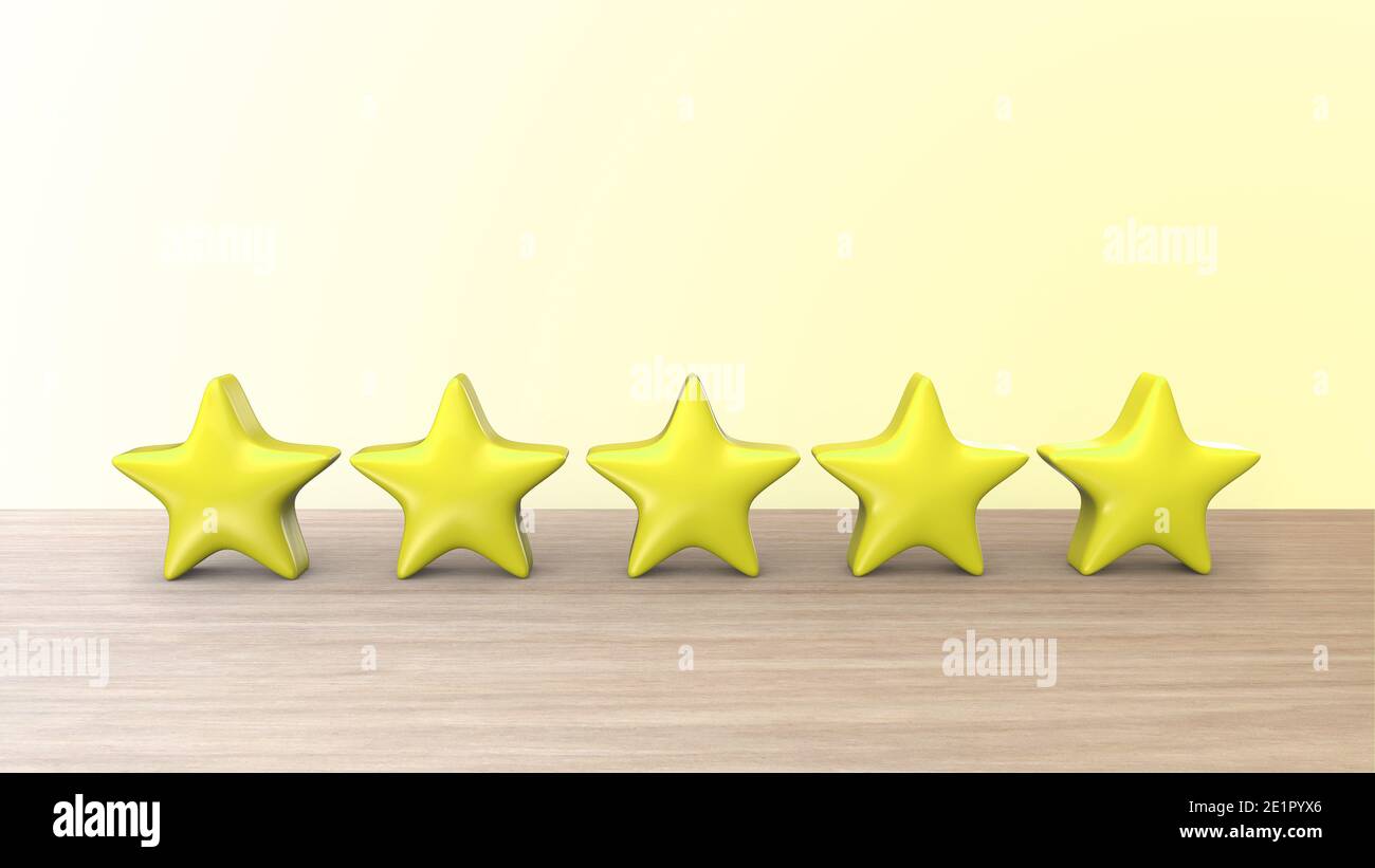 Five yellow stars on wooden table for review with color background ...