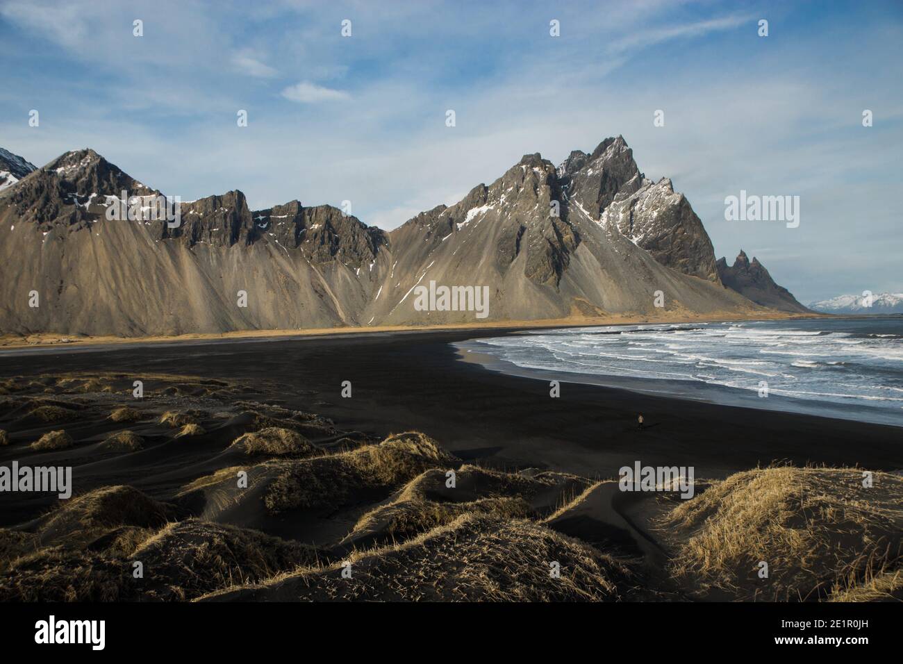 Panoramic view of black sand beach at Stokksnes with Vestrahorn ...