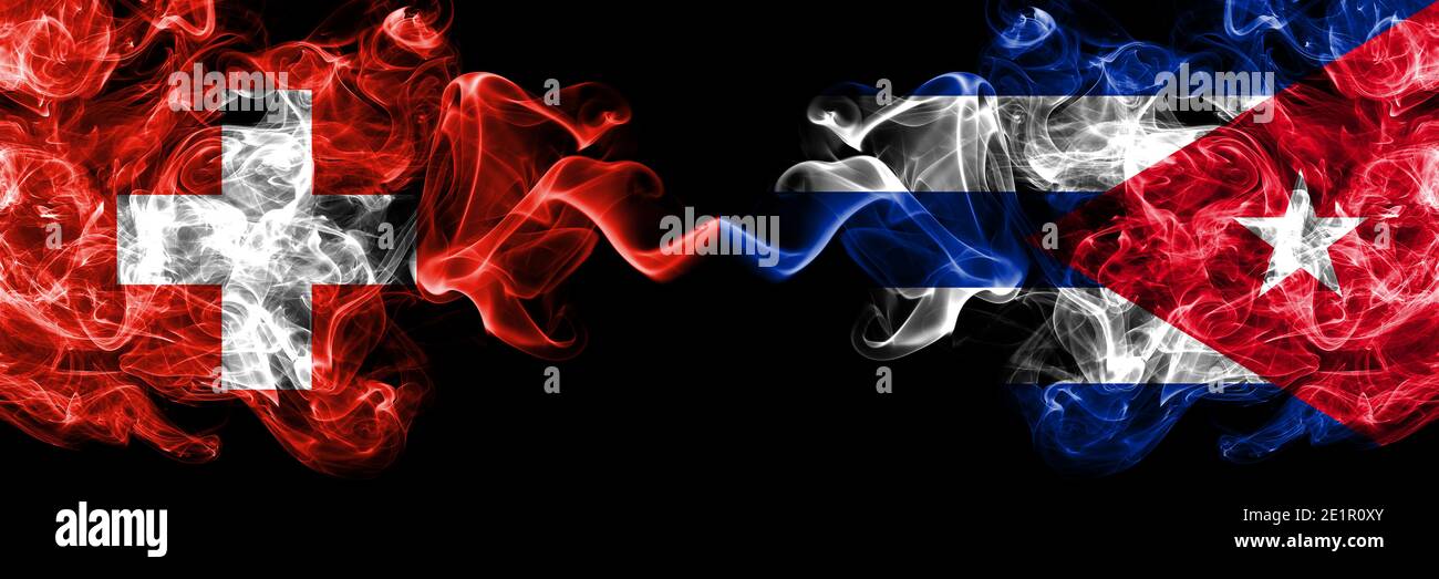 Switzerland, Swiss vs Cuba, Cuban smoky mystic flags placed side by ...