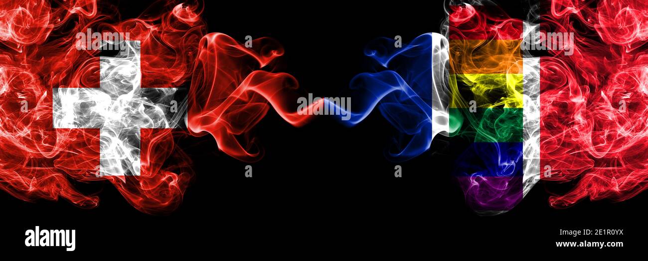 Switzerland, Swiss vs France Gay flag smoky mystic flags placed side by ...