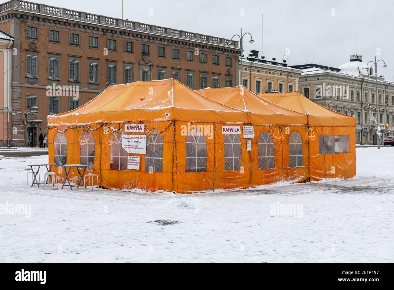 Orange café tent at Market Square in winter. Helsinki, Finland Stock ...