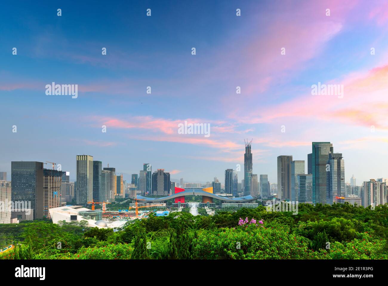 Shenzhen, China city skyline in the civic center district at twilight ...