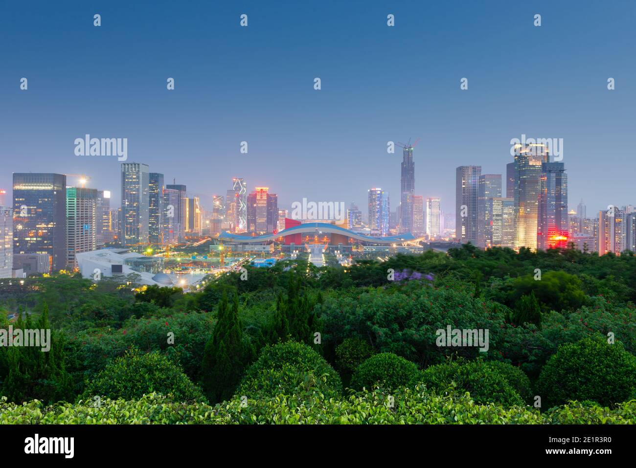 Shenzhen, China city skyline in the civic center district at twilight ...