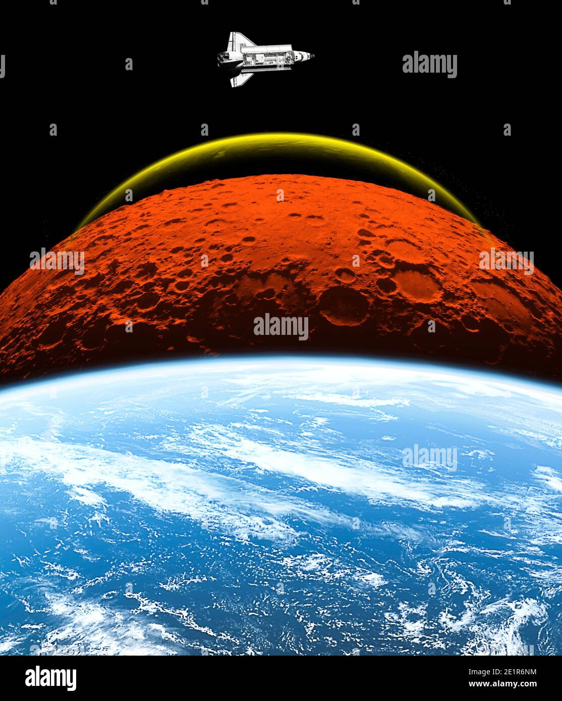 Spaceship flying into outer space in orbit of planet. Space explorer ...