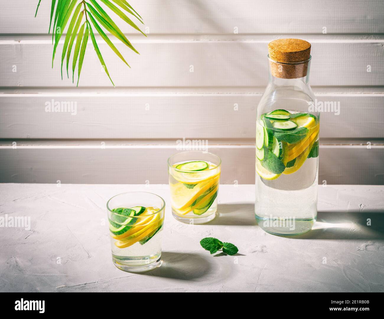 Sassy water for detox infused with lemon, cucumber and mint in glasses ...