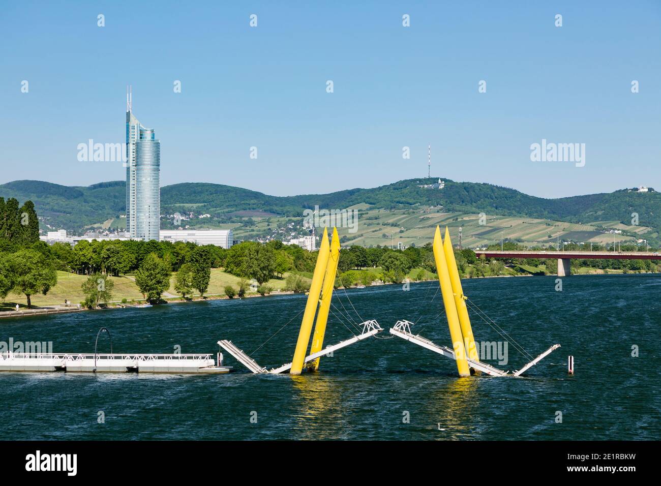 The Ponte Cagrana bridge over the Danube river in Vienna, Austria with ...