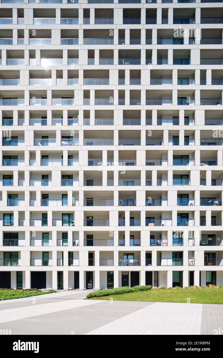 Abstract facade view of the modern DC Living appartment building in ...