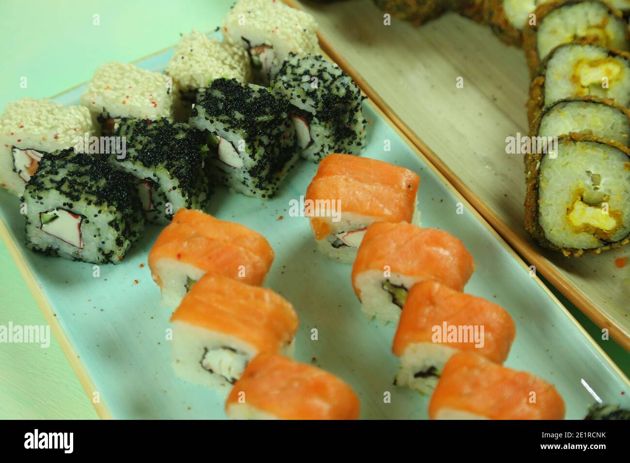 Various kinds of sushi served, close-up view Stock Photo - Alamy