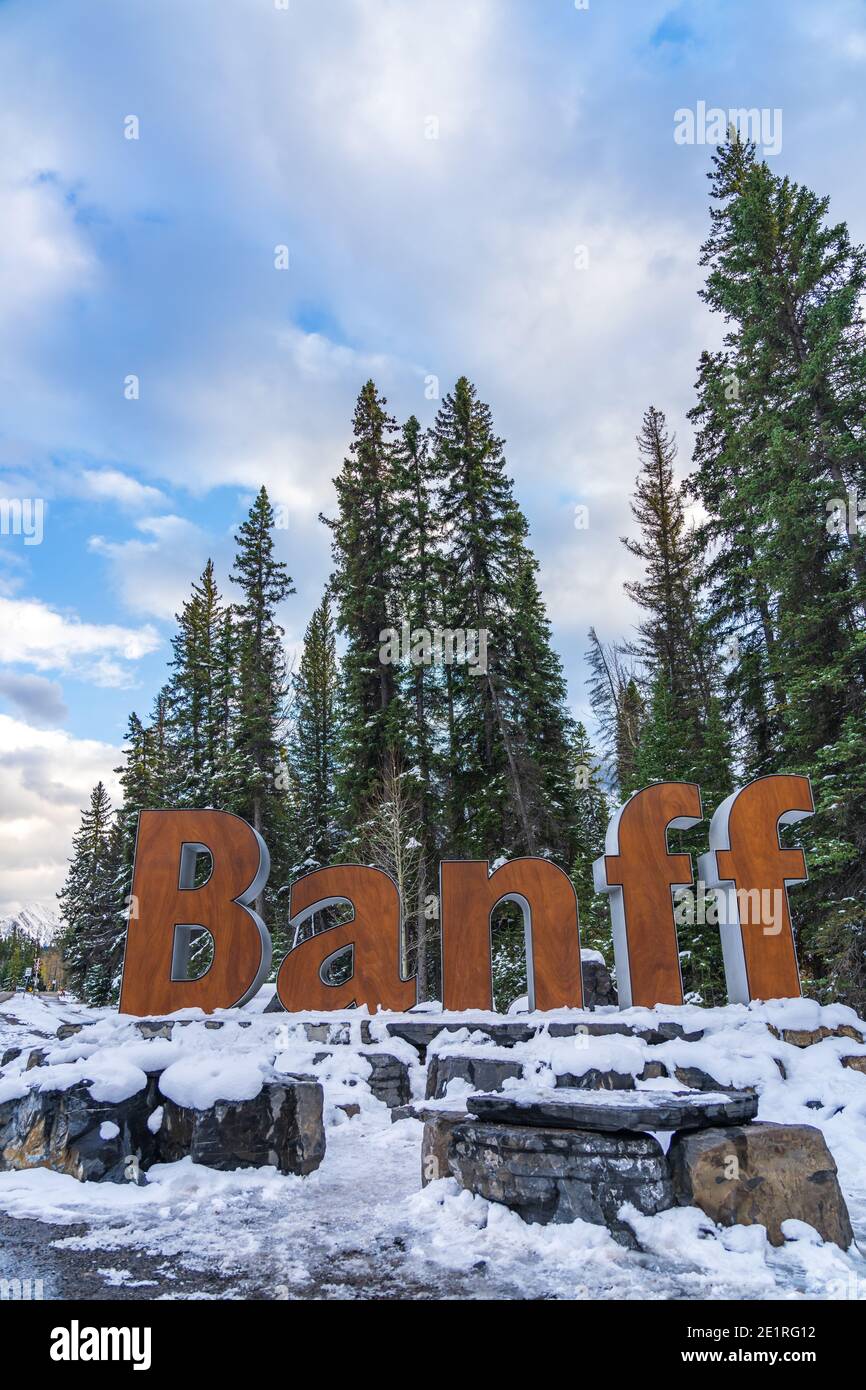 Banff Town Sign in snowy winter. Banff National Park, Canadian Rockies ...