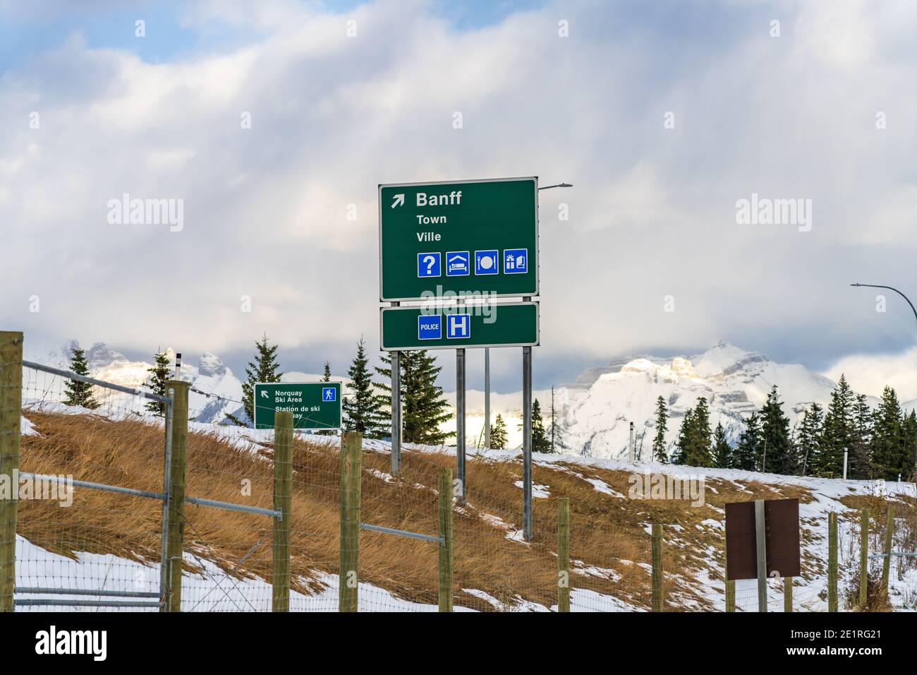 Town of Banff road sign. Trans-Canada Highway exit. Banff National Park ...