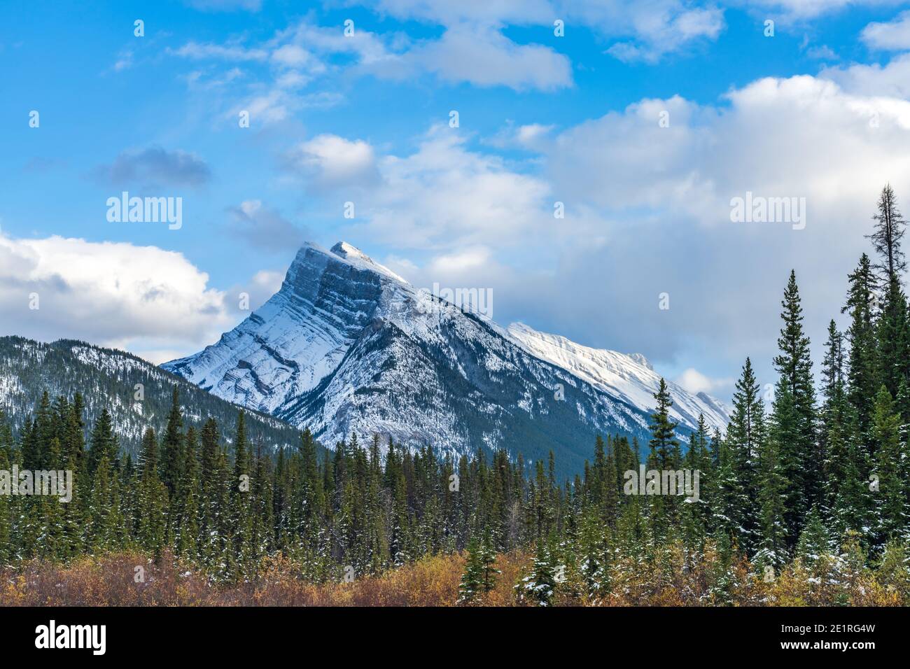Snow-covered Mount Rundle with snowy forest. Banff National Park ...