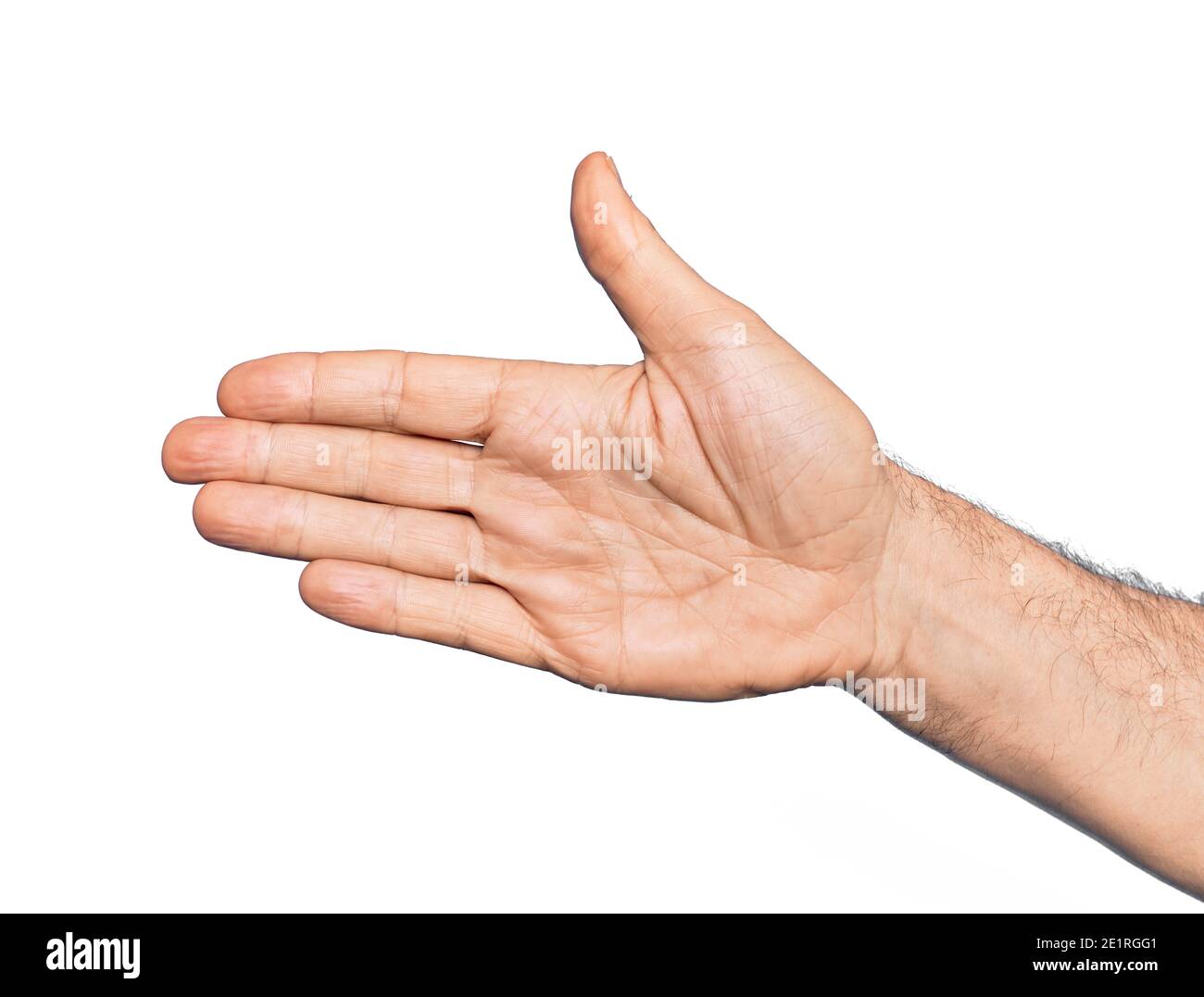Hand of caucasian middle age man over isolated white background ...