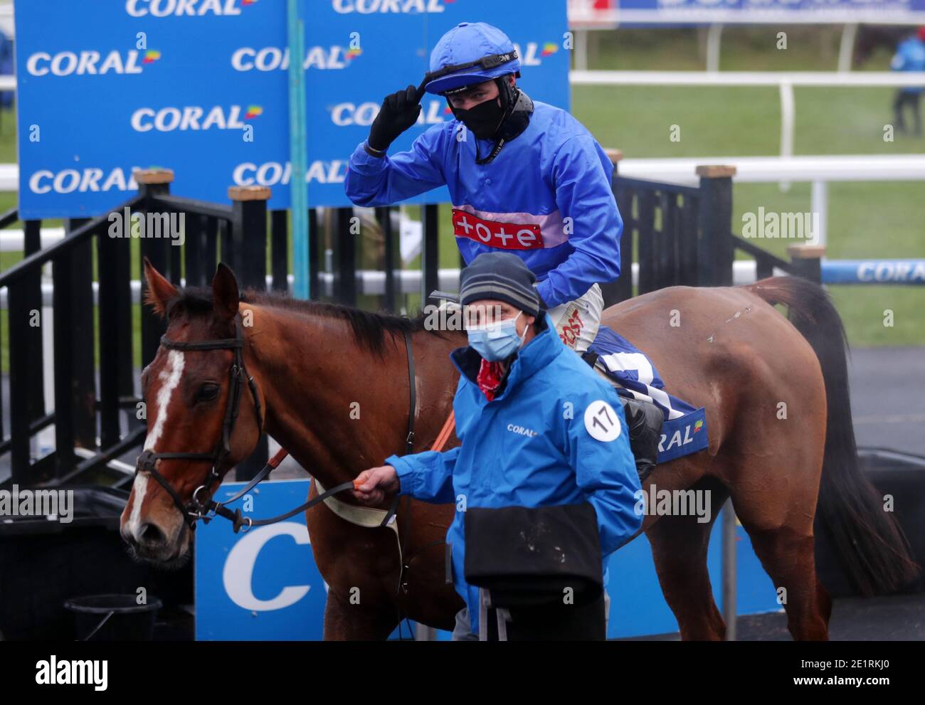 Secret Reprieve and jockey Adam Wedge celebrate winning the Coral Welsh ...