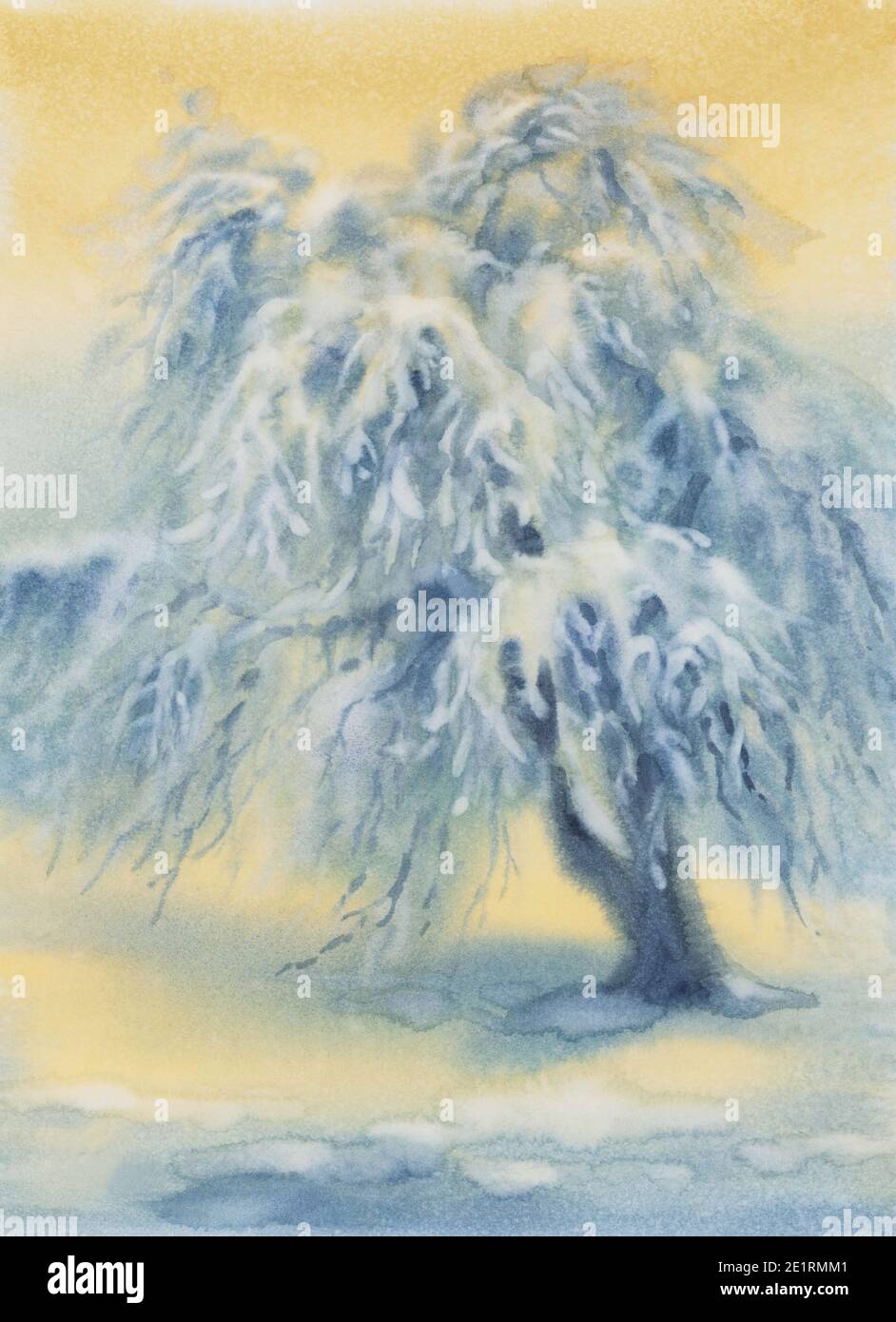 Winter landscape with frozen apple tree and snow. Watercolor ...
