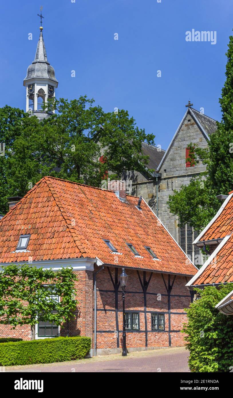 Half timbered house and church tower in Ootmarsum, Netherlands Stock ...