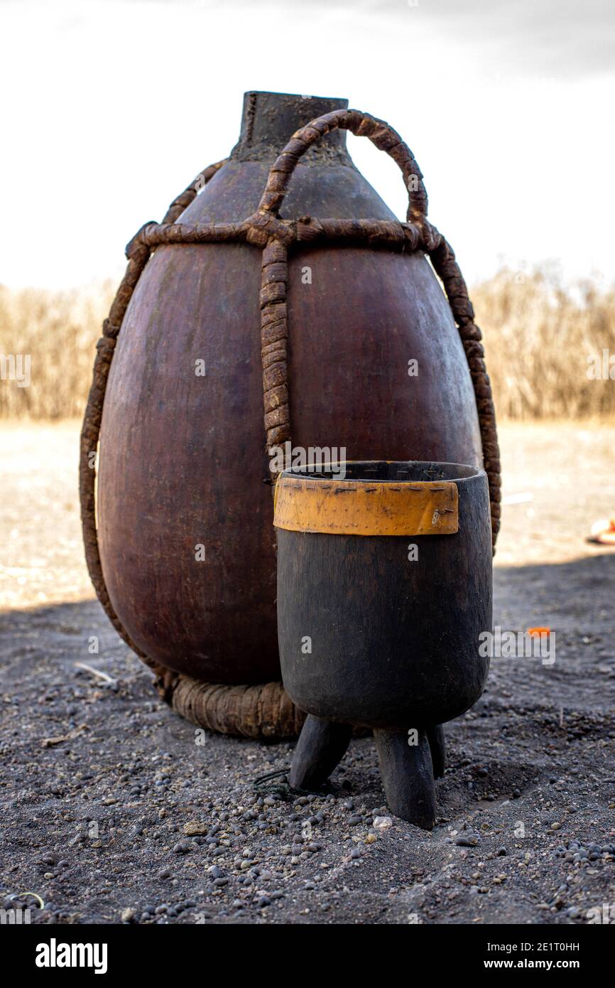 Datoga Honey beer container made of animal skin Stock Photo - Alamy
