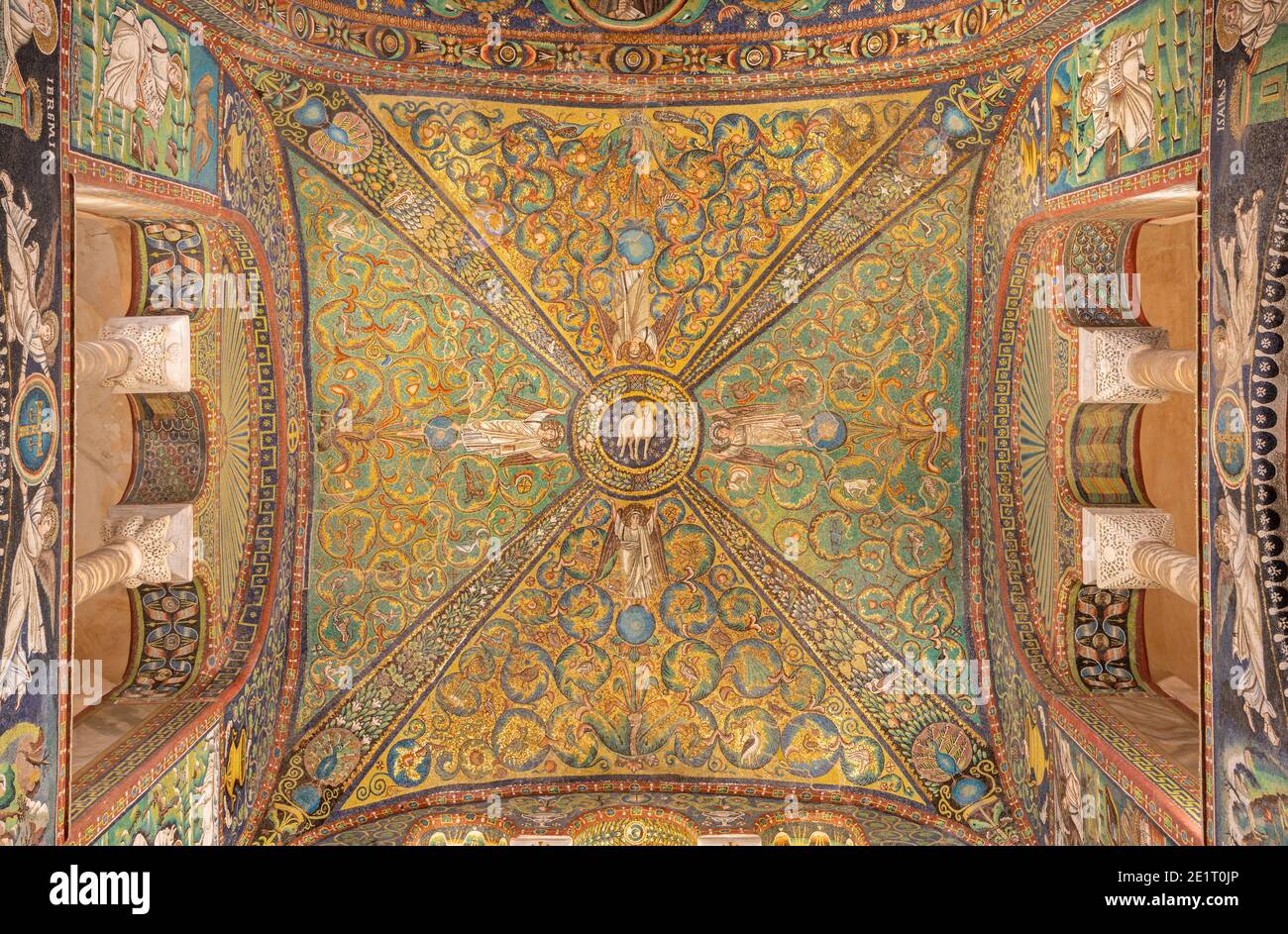 RAVENNA, ITALY - JANUARY 28, 2020: The ceiling symbolic mosaic with the ...