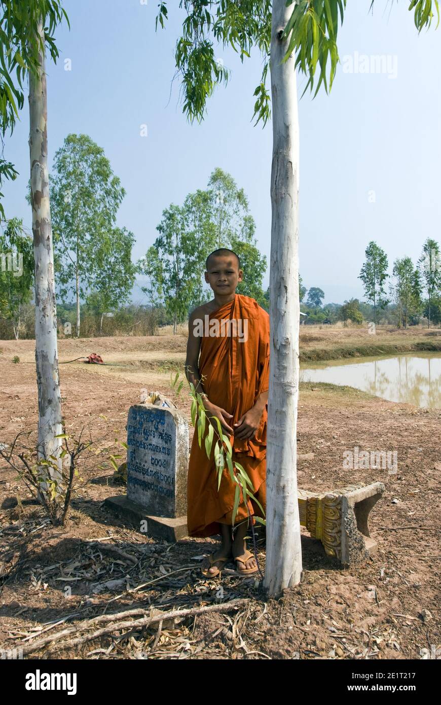 A young monk near the spot where dictator Pol Pot was cremated and ...