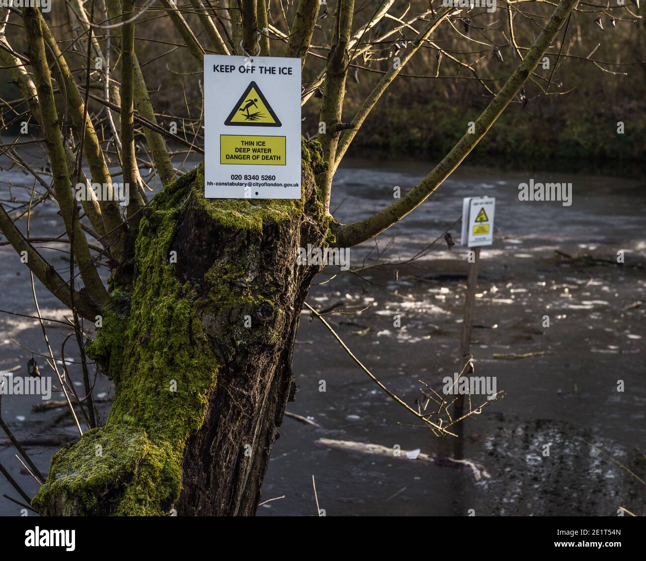 Warning signs by a frozen pond in a park in London Stock Photo - Alamy