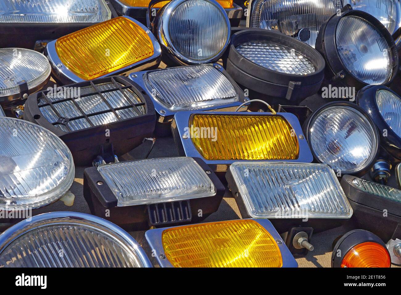Fog aux lights in various shapes and sizes for cars parts Stock Photo ...