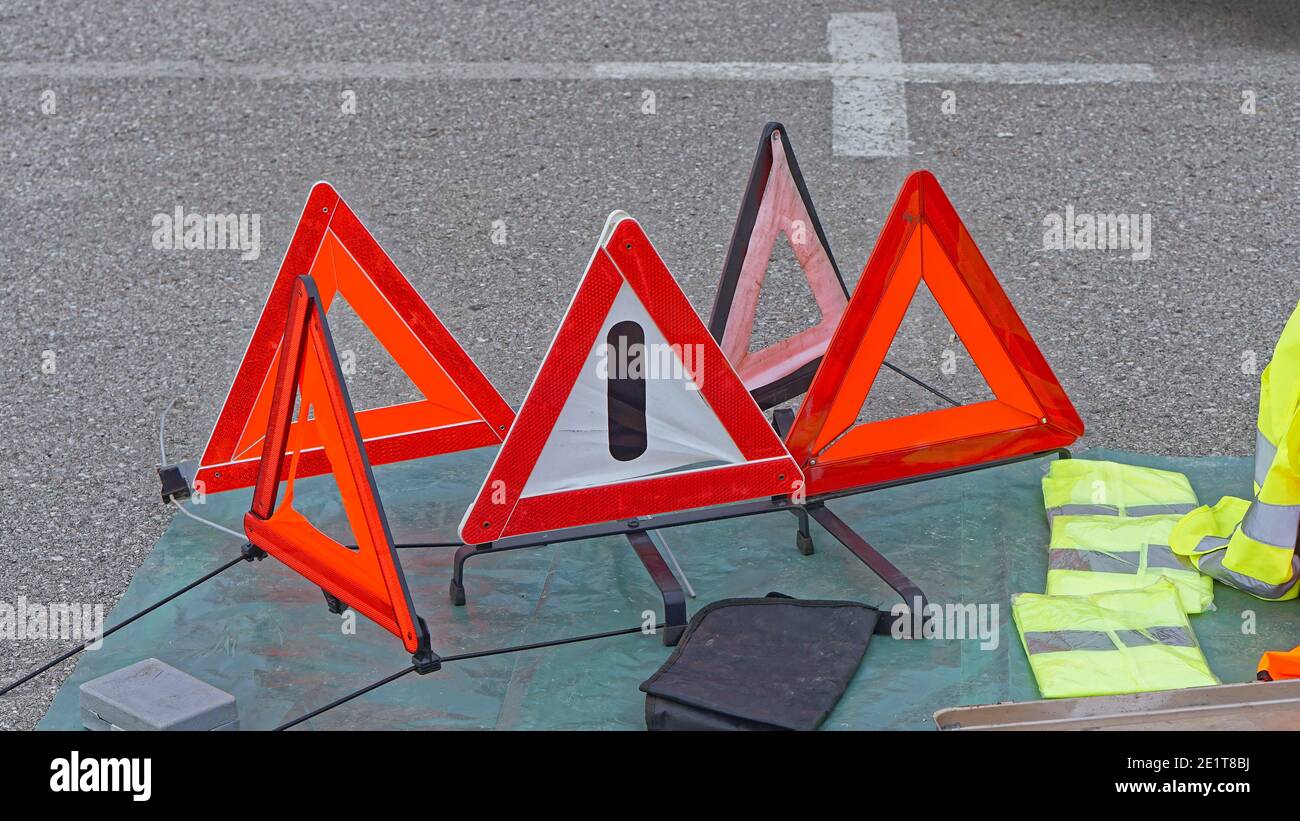 Foldable warning red triangles for car emergency kit safety Stock Photo ...