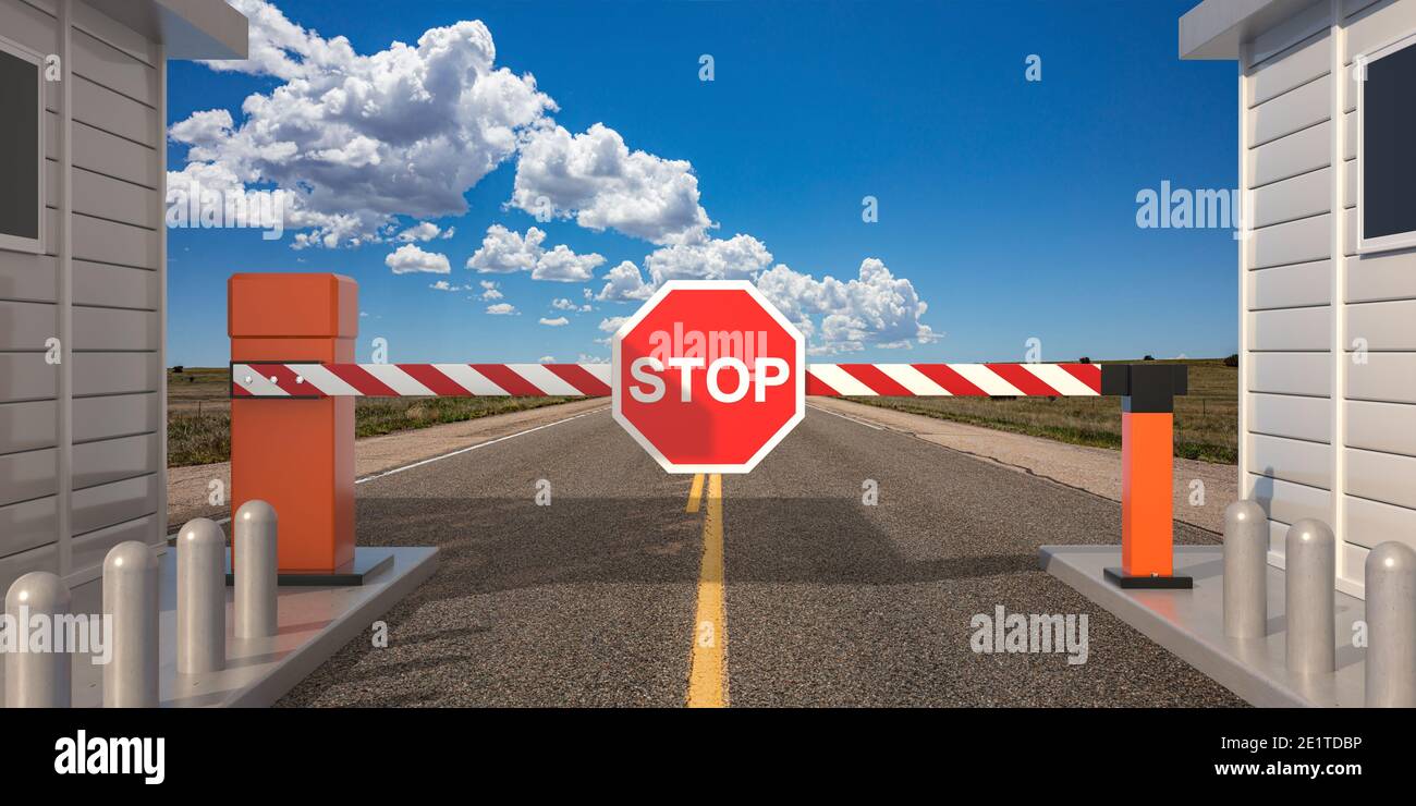 Car barrier gate outdoor with stop sign, blue sky background, Closed ...
