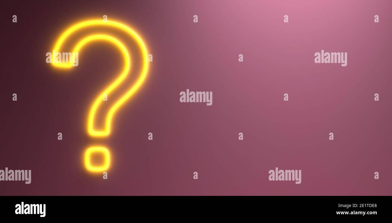 Yellow glow neon question mark on empty wall background, mockup ...