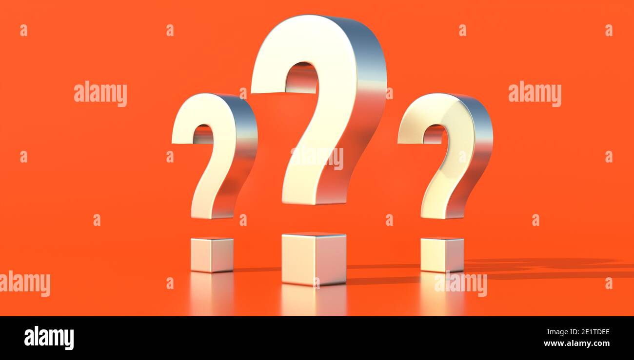 Question, doubt concept.Three grey question marks on orange color wall ...