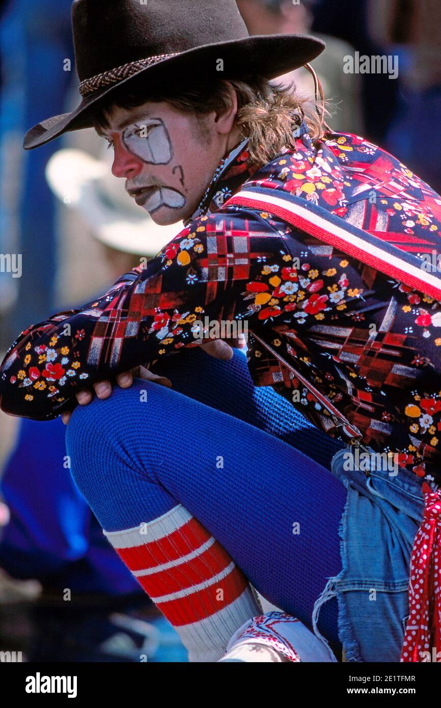 Rodeo clown at the Crowsnest Pass Rodeo. Alberta Canada. Circa 1981 ...
