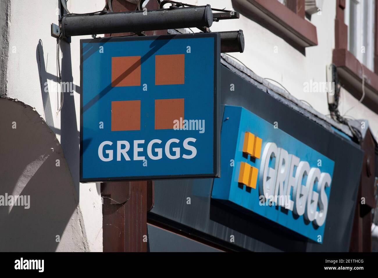 A close-up of a Greggs sign in Cardiff, Wales, United Kingdom Stock ...